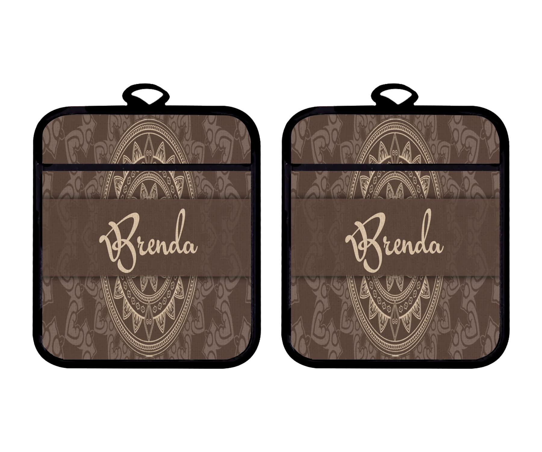 Bleu Reign Oven Mitt and Potholder Set Personalized Custom Name Damask Natural Brown and Cream Print Linen