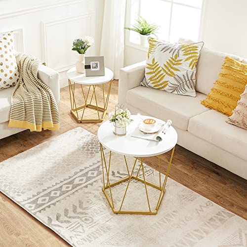 HOOBRO Round Coffee Table Set of 2, Gold Coffee End Table with Metal Frame, Small Coffee Table for Living Room Bedroom Balcony Yard, Modern Style, White and Gold, GD80BZ01