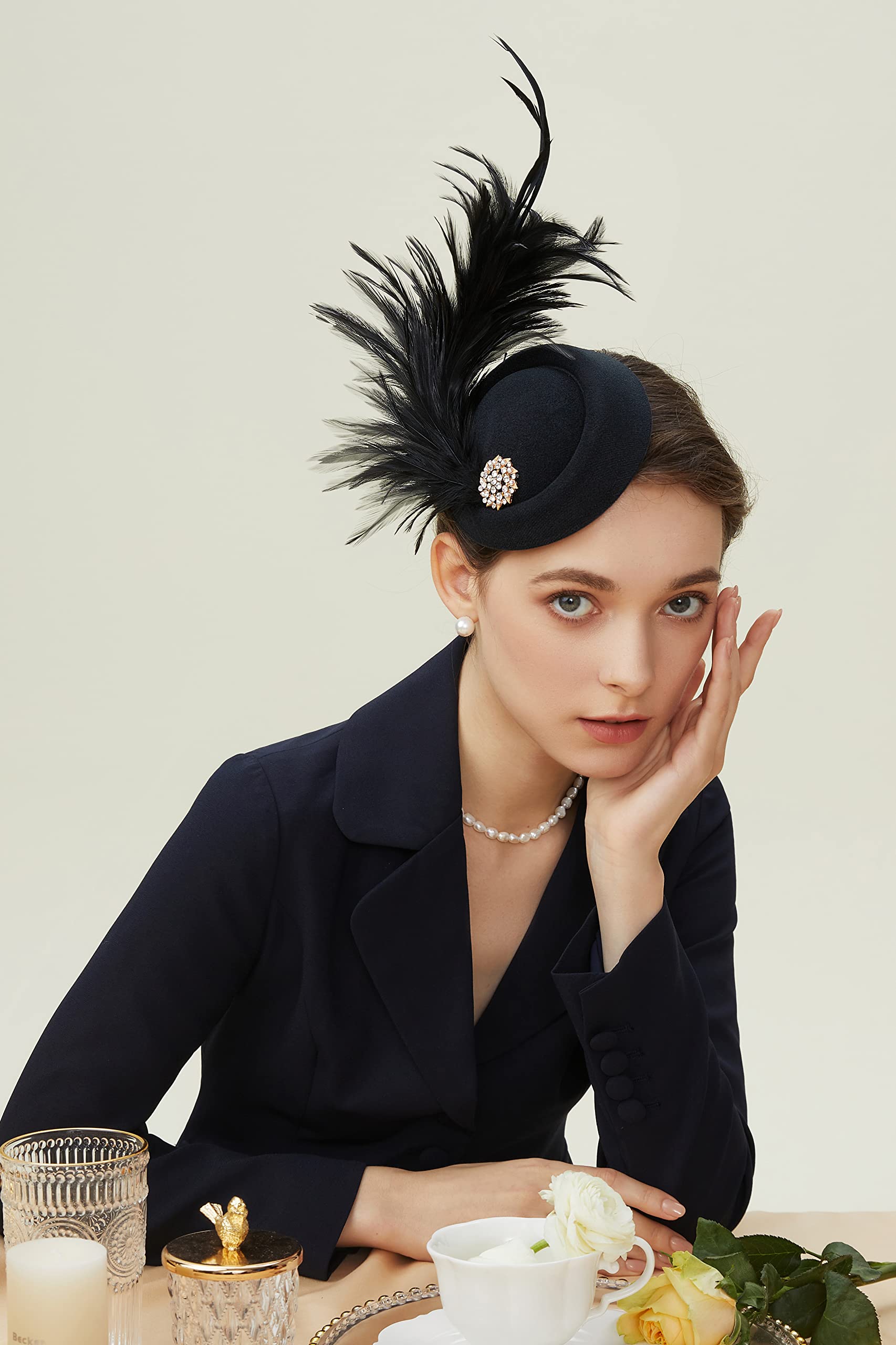 BABEYOND Fascinator Hat for Women Tea Party Kentucky Derby Fascinator Hat Pillbox Hat Peacock Feather Fascinator (Black)