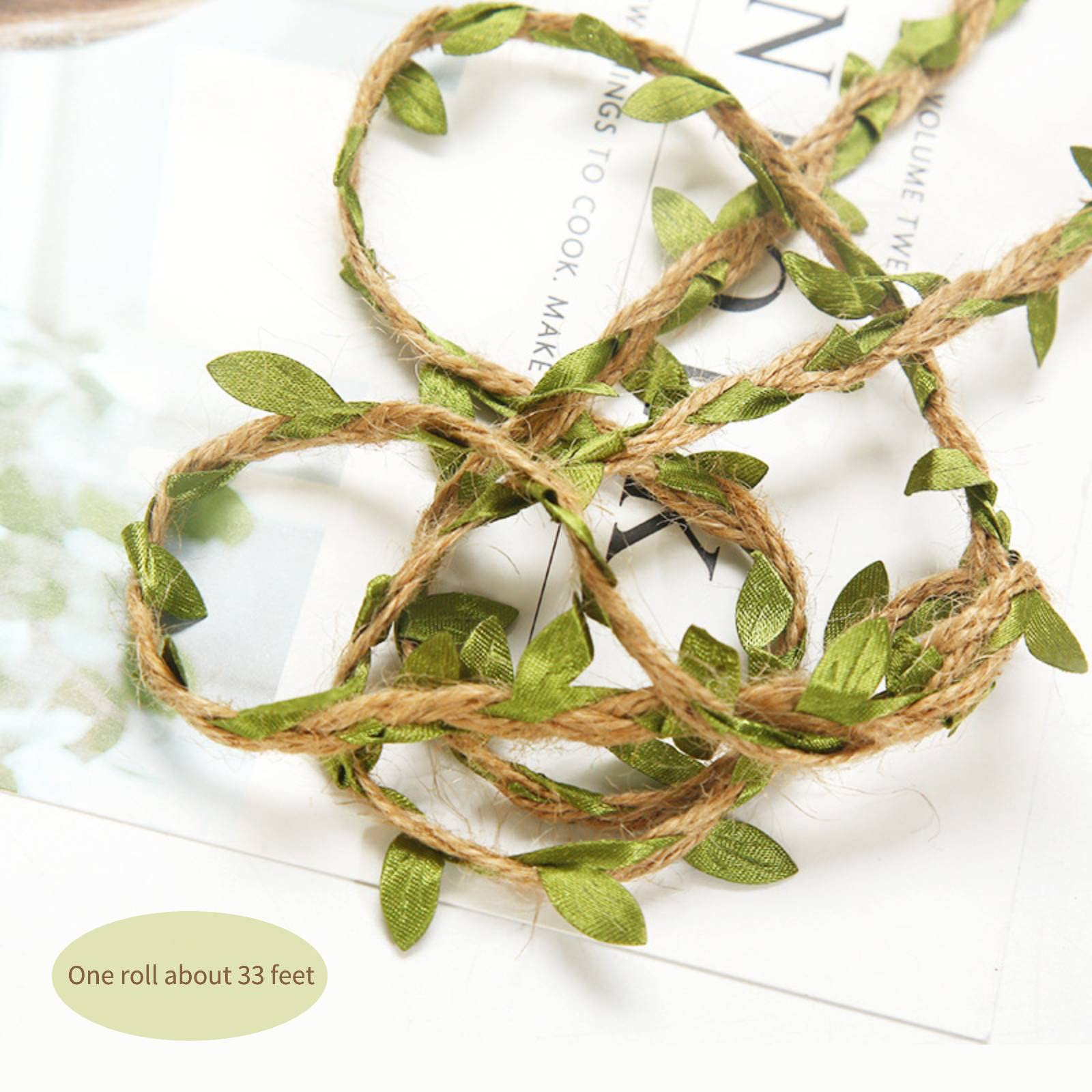KELLYJIA 4 Pack Green Leaf Ribbon Burlap Twine, 5MM Jungle Vines Hemp Rope Decoration Garland for Crafts Gift Wrapping Party Wedding Home Garden