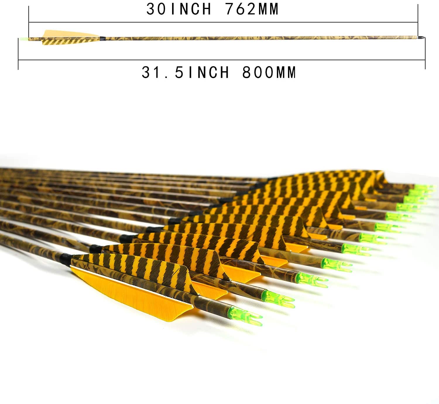 ARCHERY SHARLY 31Inch Carbon Arrow Practice Hunting Arrows for Recurve & Compound Bow with 5" Yellow Camo Turkey Feathers, Arrows with Removable Tips & replaceable nocks (Pack of 12)
