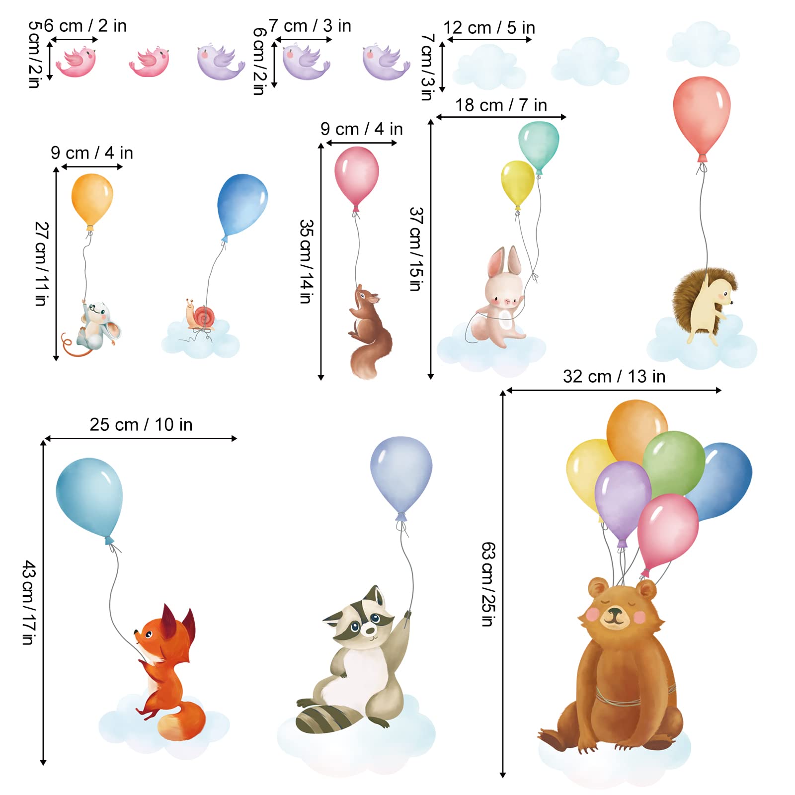 wondever Balloon Flying Animals Wall Stickers Bear Raccoon Fox Cloud Peel and Stick Wall Art Decals for Baby Nursery Kids Bedroom