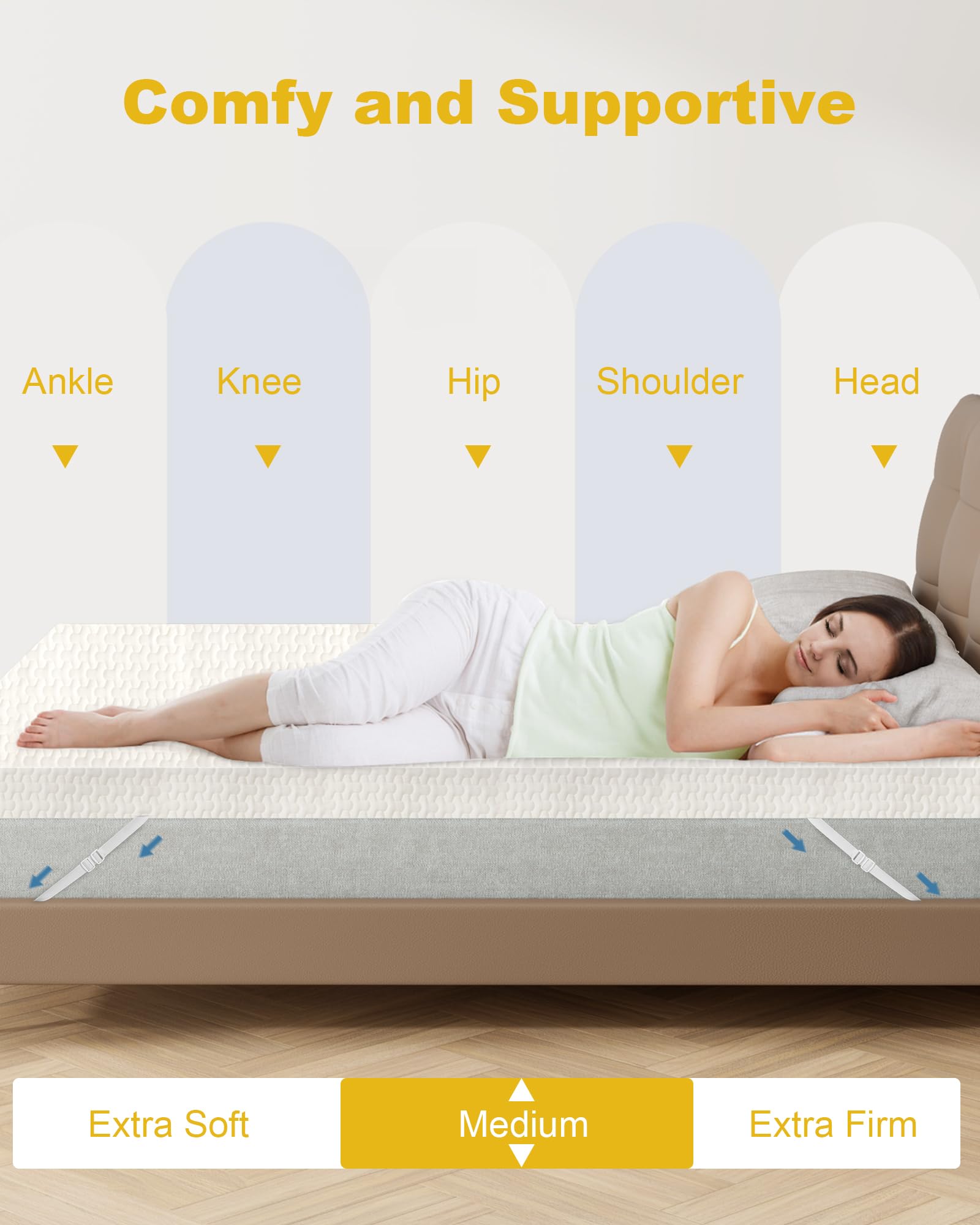 Slumbrae [Full XL] Mattress Topper, 4" Memory Foam Mattress Topper with Ultra Soft Cover & Corner Straps, CertiPUR-US Certified, Gold