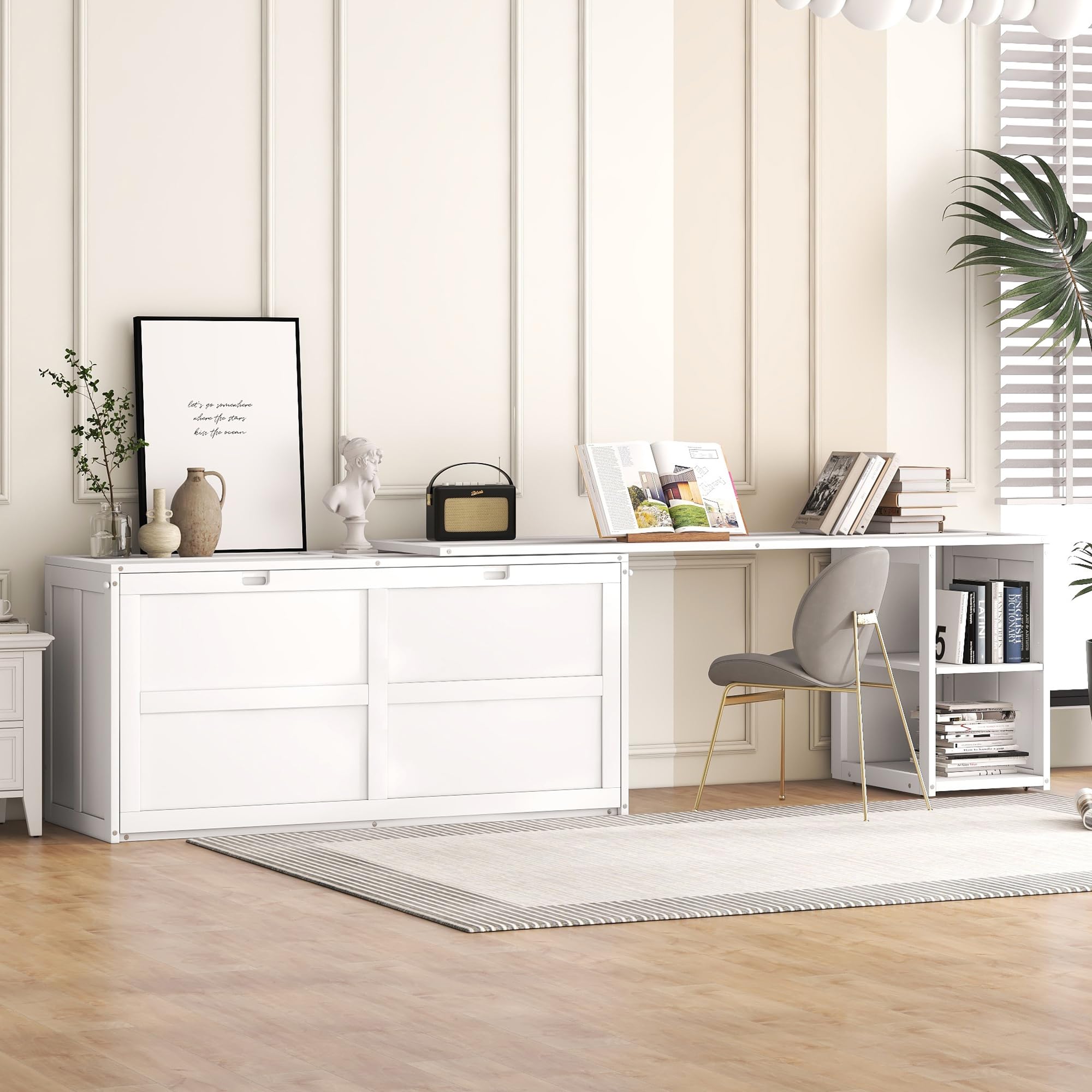 BEDGJH Queen Bed Frame with Rotable Desk, Space-Saving Murphy Bed with Side Shelves for Multipurpose Guest Room or Home Office (White)