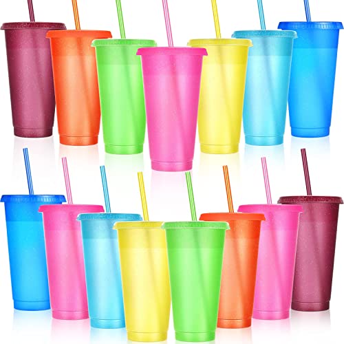 Honeydak Tumbler with Straw and Lid Bulk Water Bottle Iced Coffee Travel Mug Reusable Plastic Cups for Parties Birthdays 24-27 oz(Cute Colors,15 Pack)