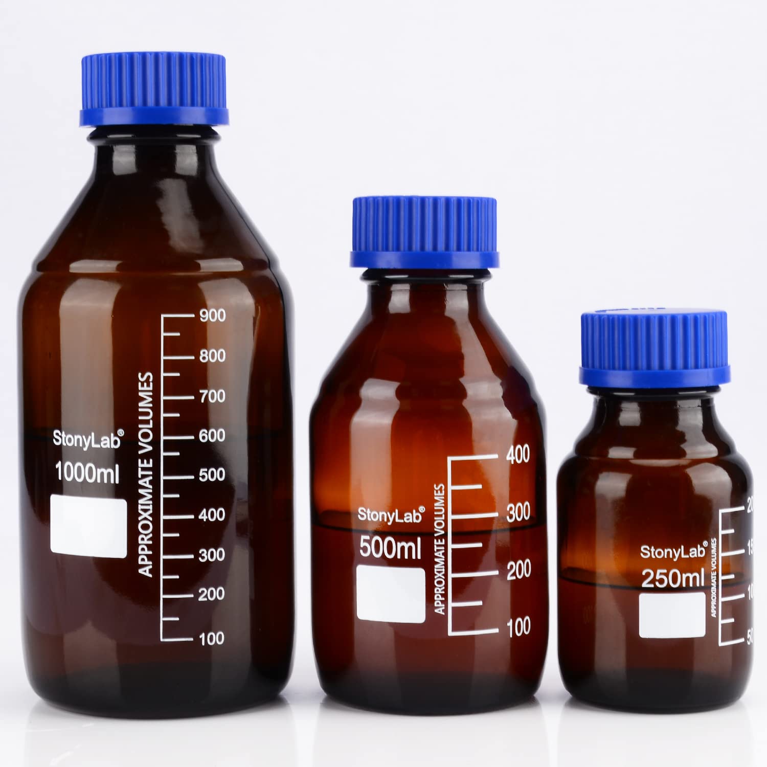 stonylab Storage Bottles with GL45 Screw Cap, 250 ml Amber Borosilicate Glass Graduated Round Storage Bottle for Lab Reagent Media Storage Bottles with Blue Screw Cap, 1 Pack