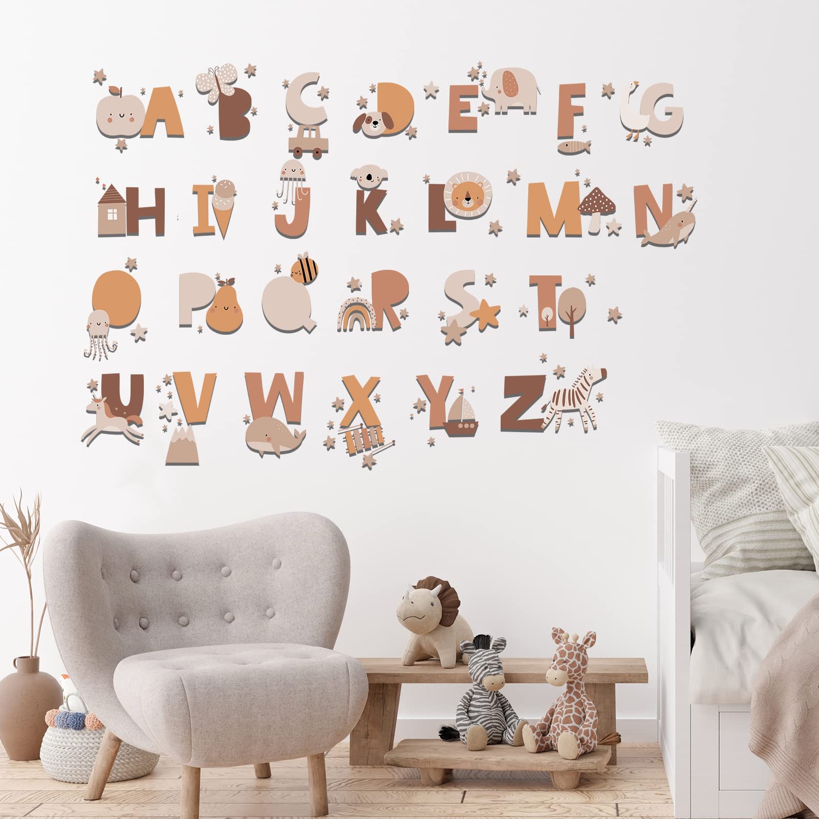 Boho Alphabet Wall Decals Removable Alphabet Letters Wall Sticker Peel and Stick Alphabet Wall Decals for Kids Nursery Bedroom Living Room Décor
