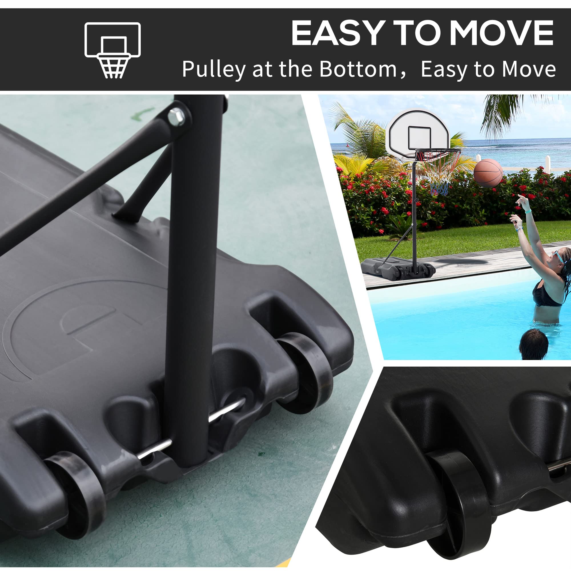 Aosom Poolside Basketball Hoop Stand Portable Basketball System Goal, Adjustable Height 3'-4', 30" Backboard