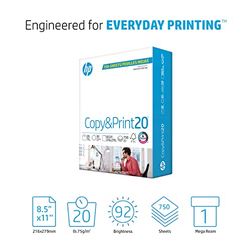 HP Printer Paper | 8.5 x 11 Paper | Copy &Print 20 Lb | 1 Bulk Pack - 750 Sheets | 92 Bright | Made in USA - FSC Certified | 200030R