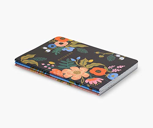 RIFLE PAPER CO. Lively Floral Stitched Notebook Set, Set Of 3 Notebooks, 64 Ruled Pages With Gold Ink, Canvas Paper Cover With White Text Paper Interior
