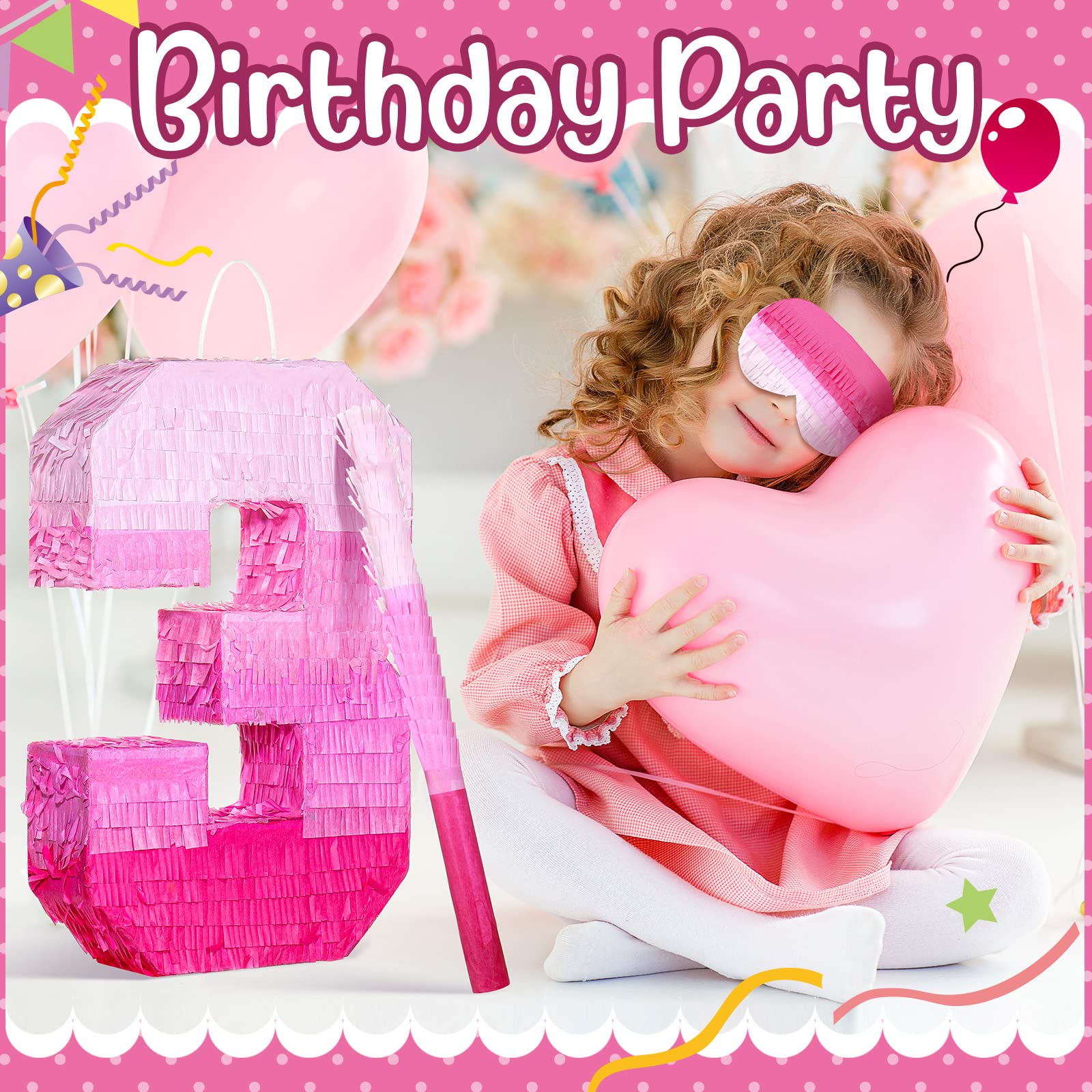 Number piñata Number Birthday piñata Decorations Gradient Pink piñata with Stick Blindfold Confetti for Girls Boys Birthday Anniversary Party Decorations Supplies (Number 3)