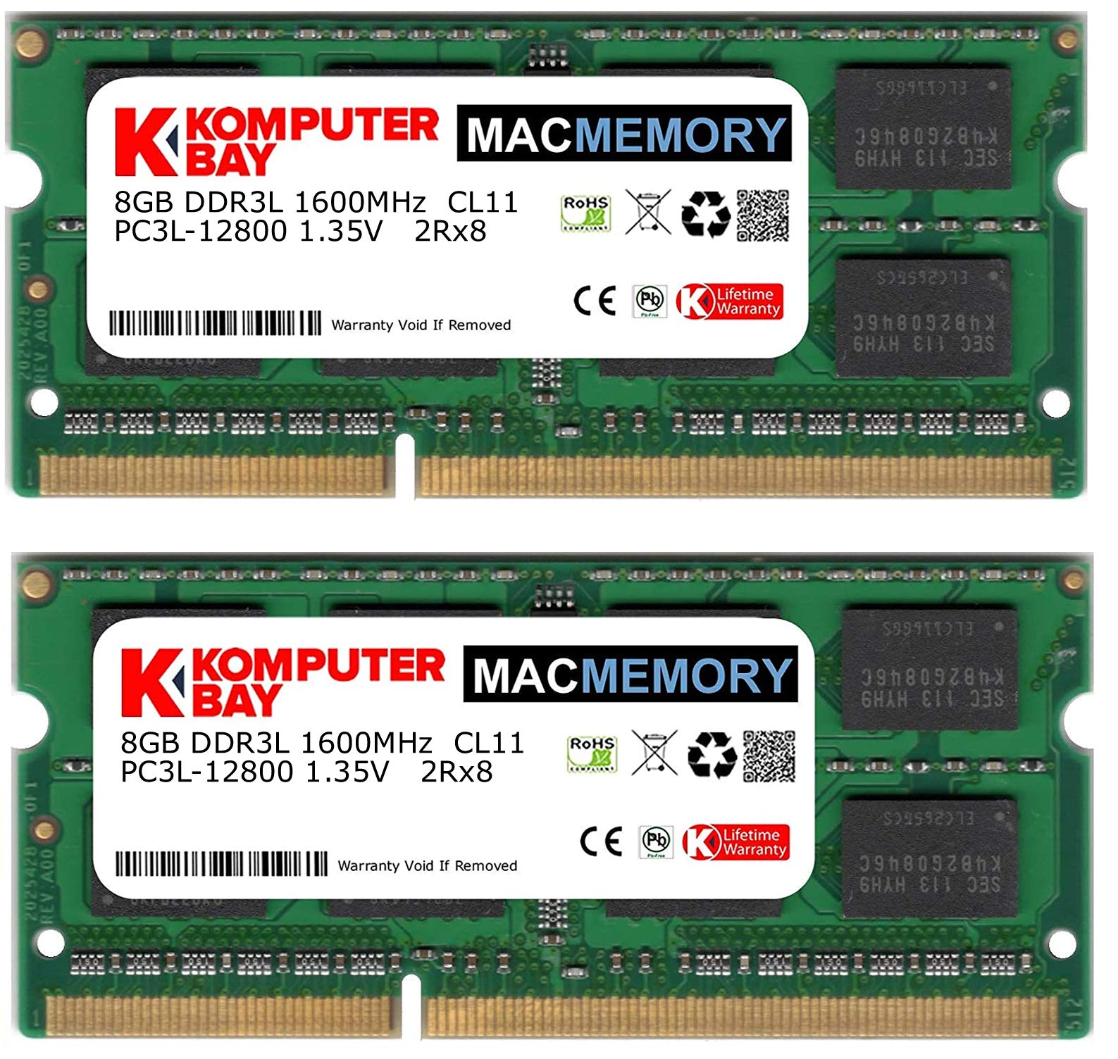 Komputerbay MACMEMORY 16GB (2x8GB) DDR3 / DDR3L 1600MHz SODIMM PC3L-12800 2Rx8 Dual Rank 1.35V CL11 204-Pin Non-ECC Unbuffered Notebook Laptop RAM Memory Upgrade Kit