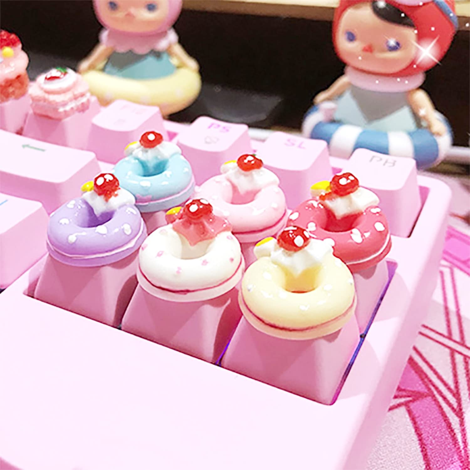 BelugaDesign Donut Keycaps | Pastel Pink Cute Kawaii Custom Replacement Cap Keys for Gaming Mechanical Keyboard | Esc Num Pad 3D Keys with Puller (Pink Multi)