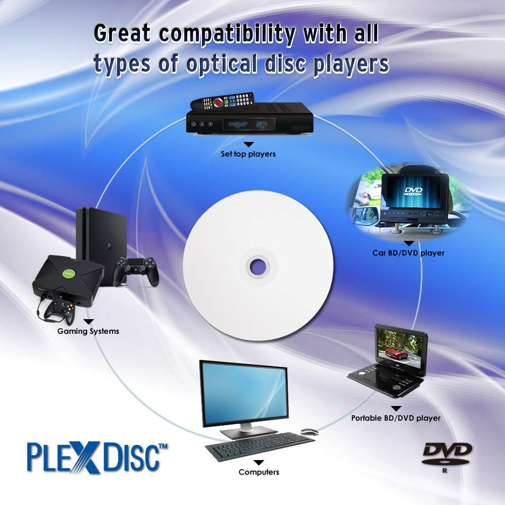 PlexDisc DVD-R 4.7GB 8X White Inkjet Hub Printable Disc - 100pk Spindle (FFP) 637-215-BX