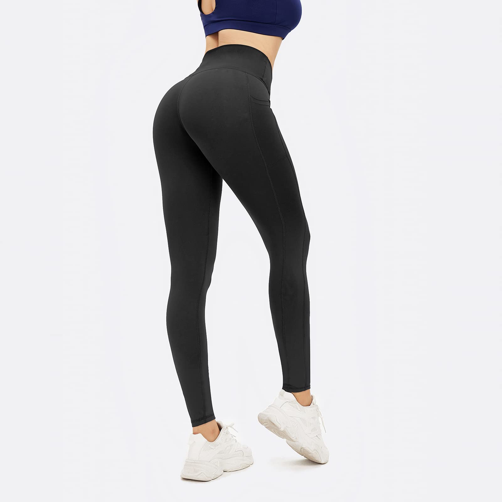 AOR Leggings with Pockets for Women Tummy Control, Yoga Pants for Women Deep Black