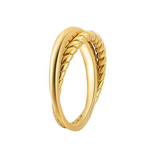 Aruiliya Double Interlocked Rolling Ring, 14K Gold Plated Plain Textured Thin & Twisted Stacking Band Ring, Simple Delicate Minimalist Stackable Rings Jewelry for Women Girls