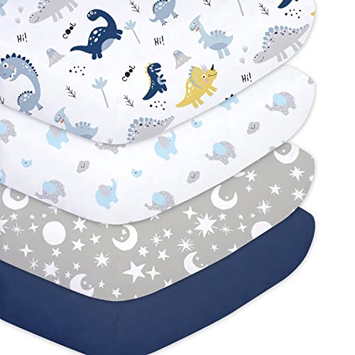 Plushii Crib Sheets for Baby Boys 4 Pack, 28"x 52" Extra Soft Microfiber Crib Sheet Set for Standard Crib & Toddler Mattress Pad, Dinosaur & Elephant & Stars & Navy Blue