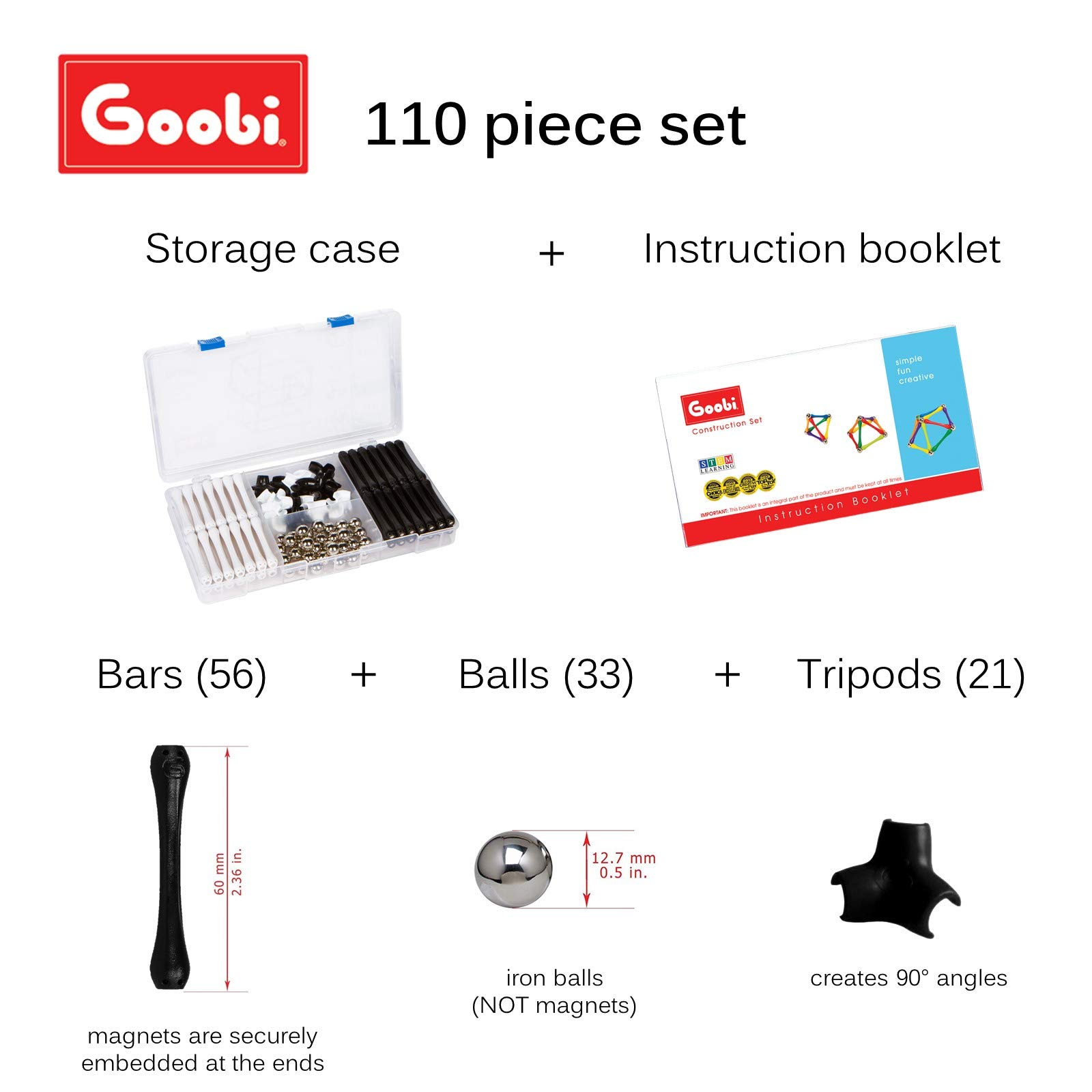 Goobi 110 Piece Construction Black and White Set Building Toy Active Play Sticks STEM Learning Creativity Imagination Children’s 3D Puzzle Educational Brain Toys for Kids with Instruction Booklet
