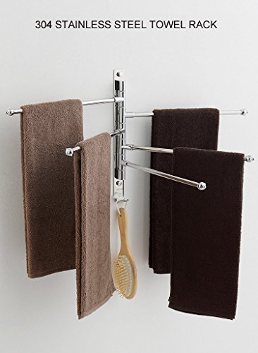 MOCOFO Double Towel Rack Swivel Towel Bar SUS304 Bath Towel Holder RV Swing Out Stainless Steel Bathroom Hand 2 Bars Space Saving Organizer Folding Arm Hanger Holder Wall Mount Polished Finish