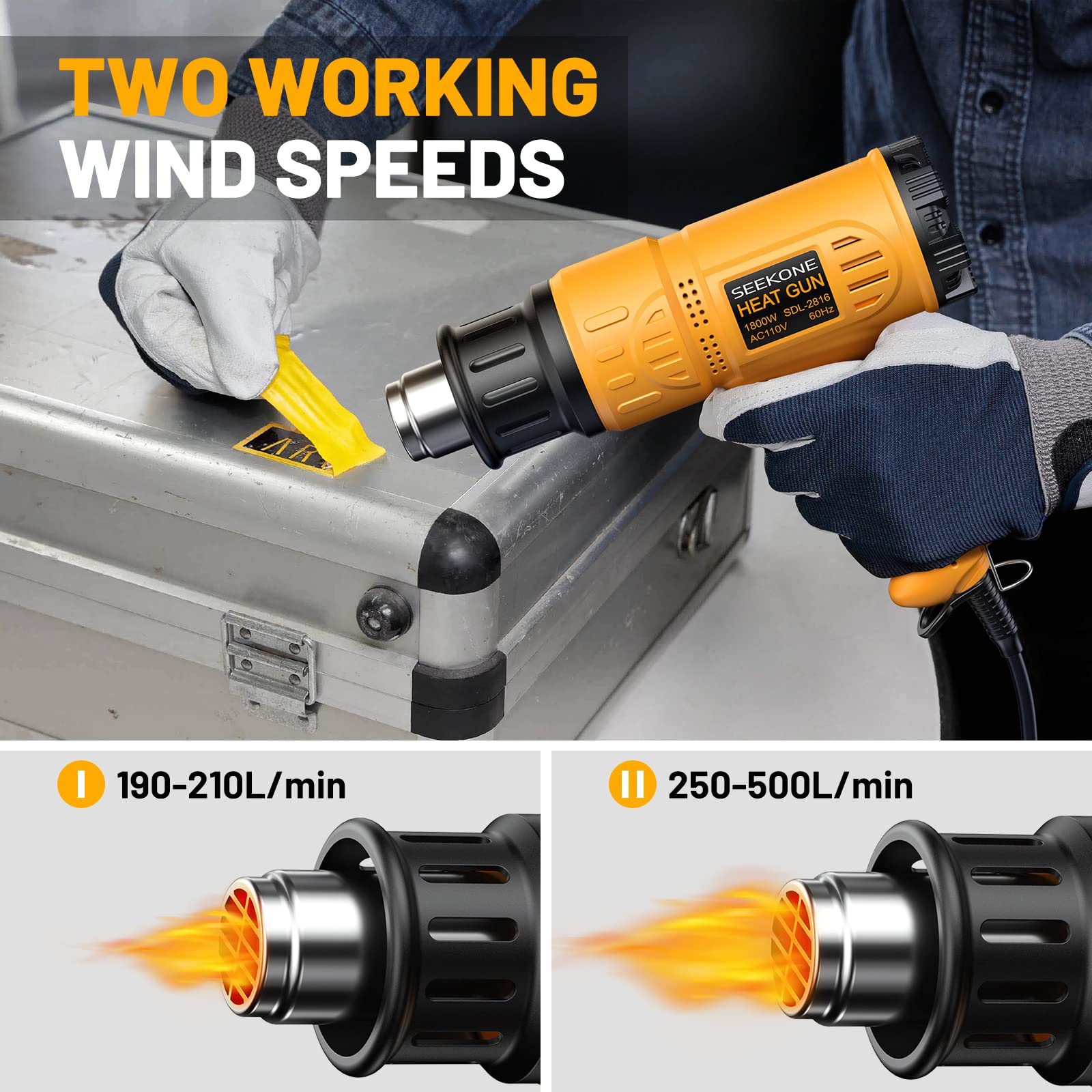 SEEKONE Heat Gun 1800W Heavy Duty Hot Air Gun Kit With Carry Case Variable Temperature Control 122℉~1112℉(50℃- 600℃) Overload Protection with 4 Nozzles for Crafts, Shrinking PVC, Stripping Paint