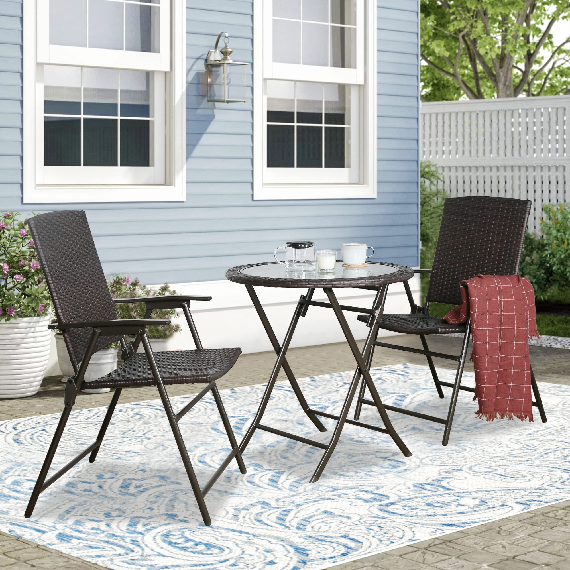 Patio Tree Outdoor Bistro Set 3 Piece Patio Furniture Wicker Table Sets with 2 Folding Chairs & 1 Folding Table, MA075