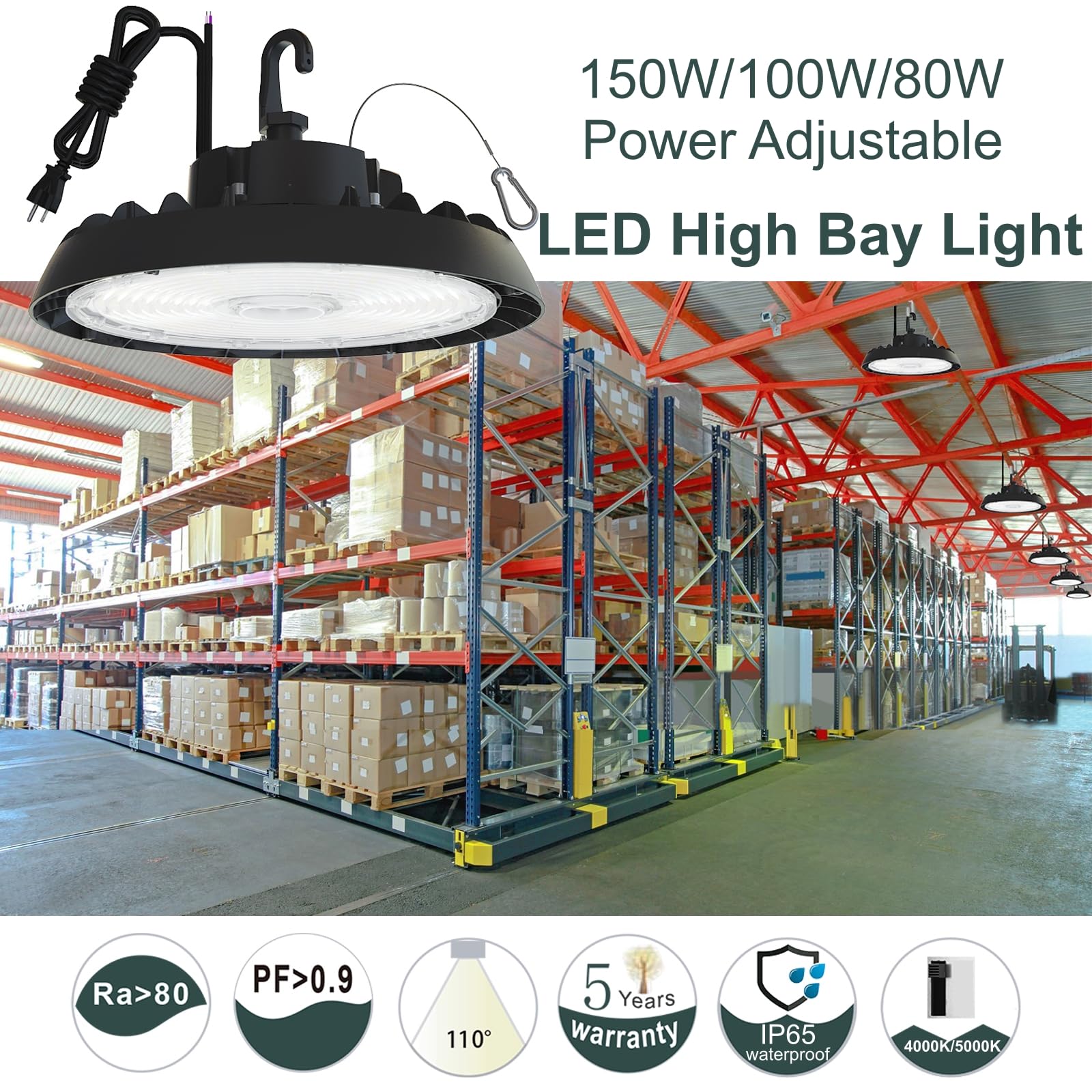 Treligate UFO Led High Bay Light 100W 125W 150W Wattage Adjustable 4000K 5000K CCT Selectable 1-10V Dimmable High Bay Lights with 5' US Plug Alternative to 650W MH/HPS for Factory Warehouse