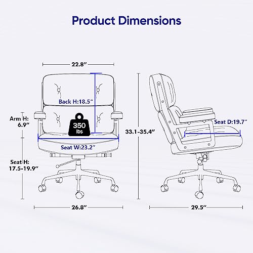 Office Chair- Aluminum Arms Thickened Backrest Lumbar Support, Executive Desk Chair, Genuine Grain Leather Thick Padded Strong Aluminum Base Quiet Wheels, Ergonomic Mid Back Leather Computer Chair