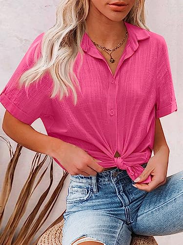 HOTOUCH Linen Shirt Women Pink Button up Shirt Oversized Button Down for Women Business Attire Watermelon Pink L