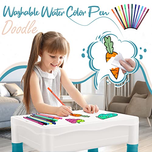 ROGALALY Kids Activity Table Set, All-in-One Multi Activity Table with Storage, 105pcs Building Blocks Table Compatible with Classic Bricks, Craft Learn Play Water Sand Table for Boys Girls