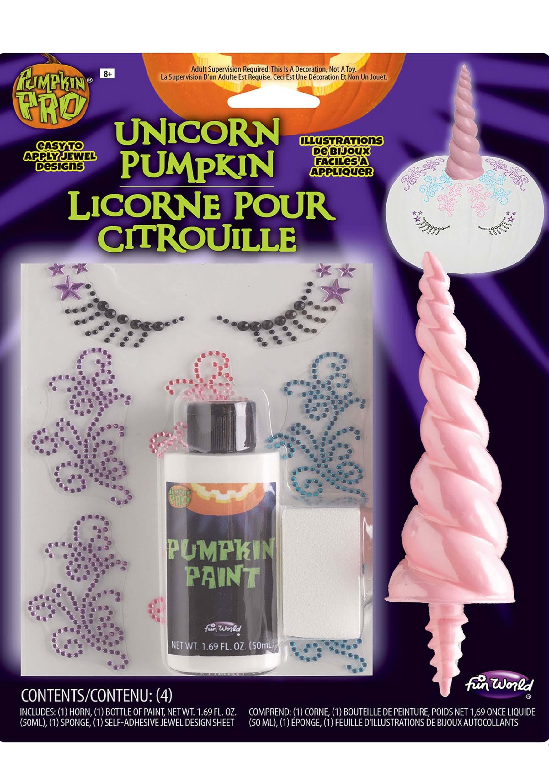 HearthSong 3-D Unicorn Pumpkin Decorating Kit - Halloween Arts and Crafts for Kids - Includes Pumpkin Paint, Jewel Designs, Screw in Horn