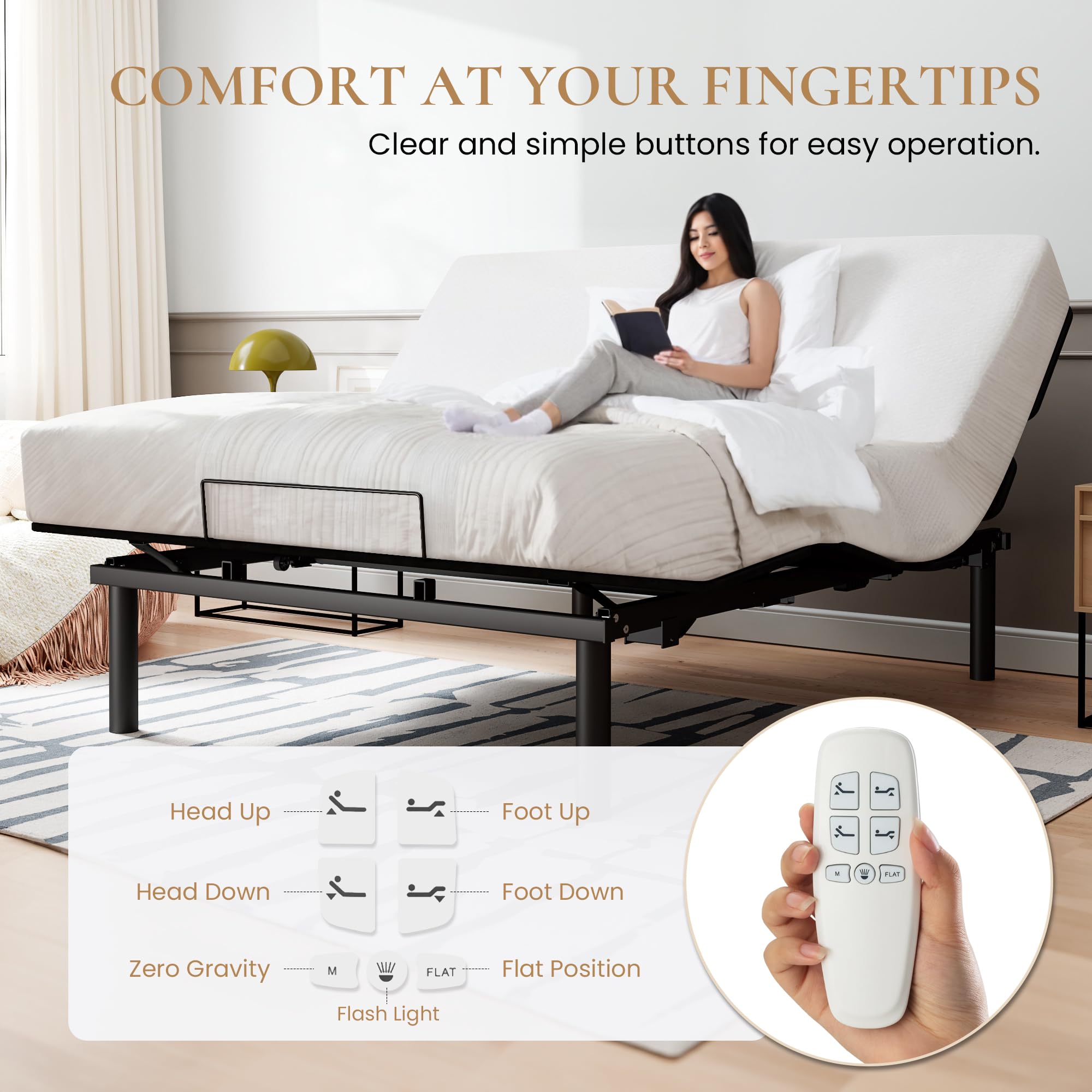 SHA CERLIN Electric Ergonomic Adjustable Bed Base Queen Size, Independent Head and Foot Incline, Wireless Remote Control with Quiet Motor