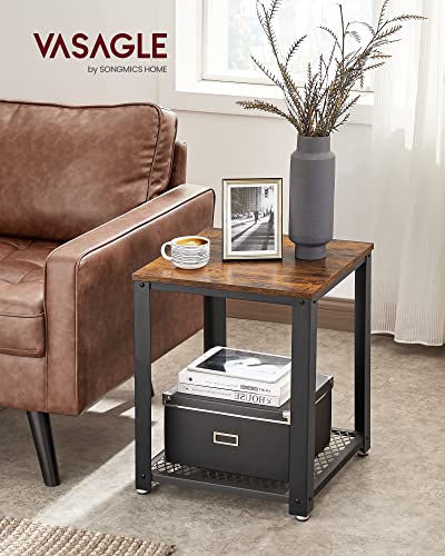 VASAGLE Side Table, 2-Tier Nightstand, End Table with Mesh Shelf, Steel Frame, Adjustable Feet, for Living Room, Bedroom, Industrial Style, Rustic Brown and Black ULET41X