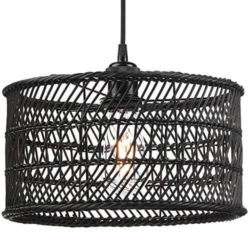 HOONEX Rattan Chandelier, Rattan Light Fixture Ceiling, 12.4" Wicker Pendant Light for Dining Room Bedroom Kitchen Island, Black
