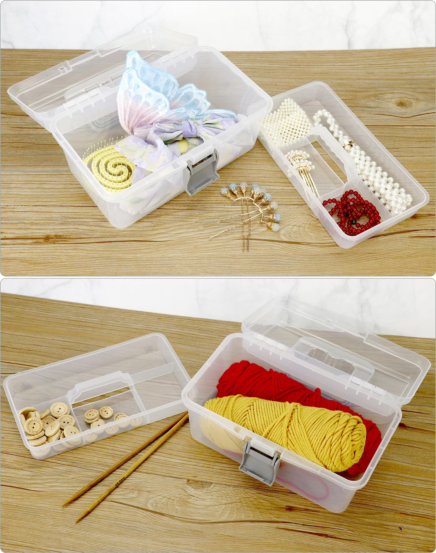QWORK Clear Empty First Aid Storage Box with Removable Tray and Locking Latch - Plastic Storage Case Large Capacity Multifunctional Organizer for Jewelry, Makeup, and Crafts Supplies, 5"H x 6"W x 10"L