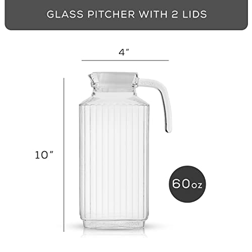 JoyJolt 60oz Glass Pitcher with Lid (2 Lids) - Beverage Serveware and Storage Container for Hot Liquids or Cold Drinks. Fridge Pitcher, Juice Container, Water Jug, Iced Tea Pitcher or Milk Pitcher