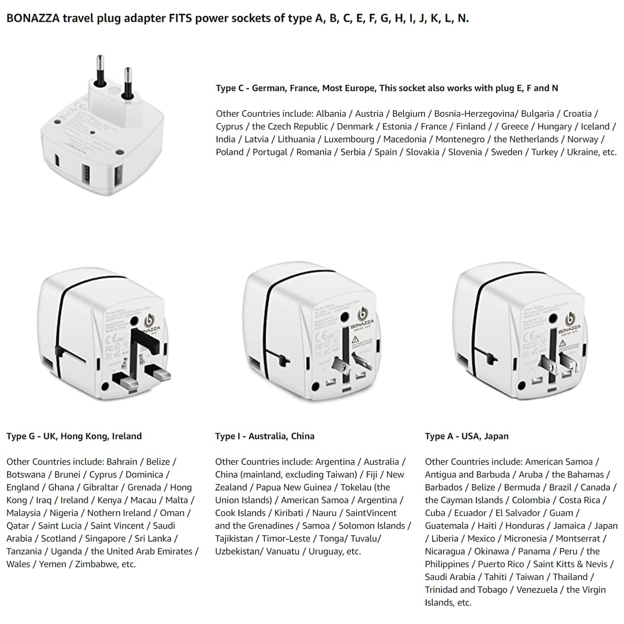 BONAZZA Universal World Travel Adapter Kit with 4 USB Ports - UK, US, AU, Europe All in One Plug Adapter - Over 150 Countries & USB Power Adapter for iPhone, Android, All USB Devices (White)