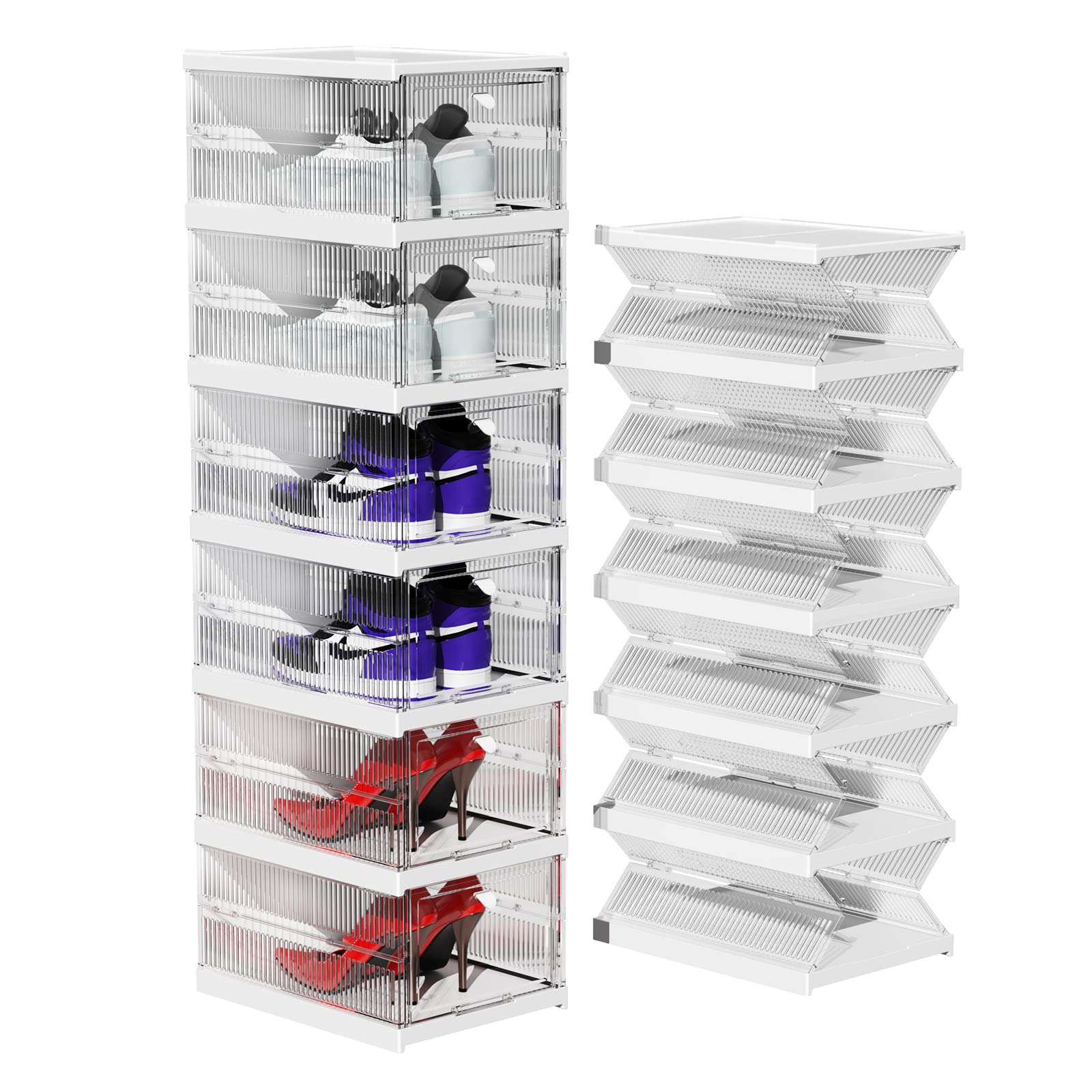 TIDYAVE Shoe Boxes Clear Plastic Stackable, Shoe Storage Organizer Boxes Easy Installation All in One Shoe Box with Doors 6 Tier Foldable Shoe Box Space Saving for Closet Entryway Containers Bins