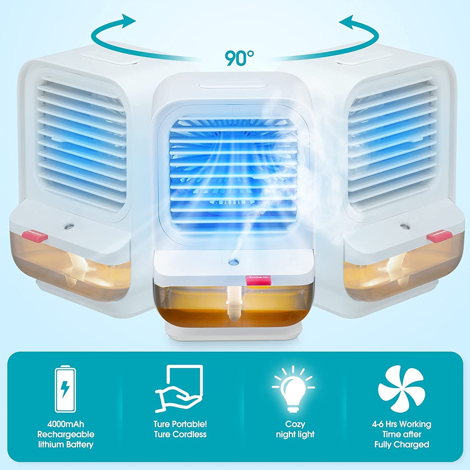 BENBOAR Portable Air Conditioner Fan, Desktop Air Cooler with Automatic Rotation & Water Tank Evaporative Humidifier, Cold Mist Humidifier Atomizer with Warm Night Light, 4000 mAh Power (Desktop fan)