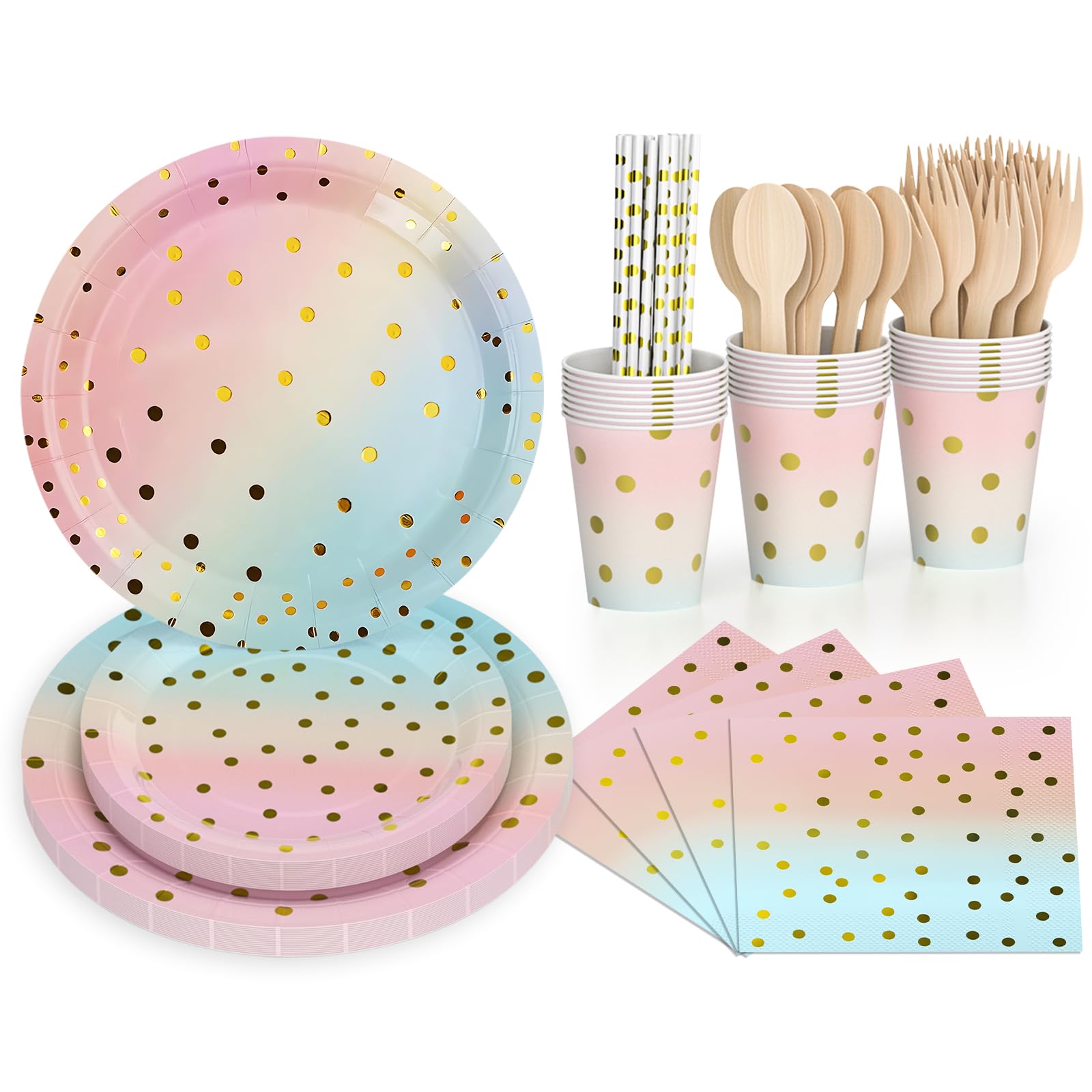 Dn Dennov 168PCS Pink and Gold-Pastel Party Supplies, Severs 24 Disposable Party Dinnerware Include Paper Party Plates,Cups,Napkins,Straw,Wooden Fork Spoon for Wedding,Christmas(Trompe l'oeil Gold)
