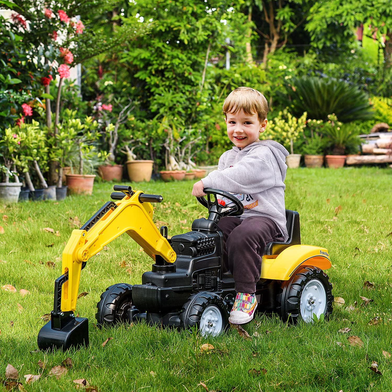 Aosom Kids Ride On Excavator, Pedal Digger, Construction Truck with Horn for Kids and Toddlers 3+, Yellow