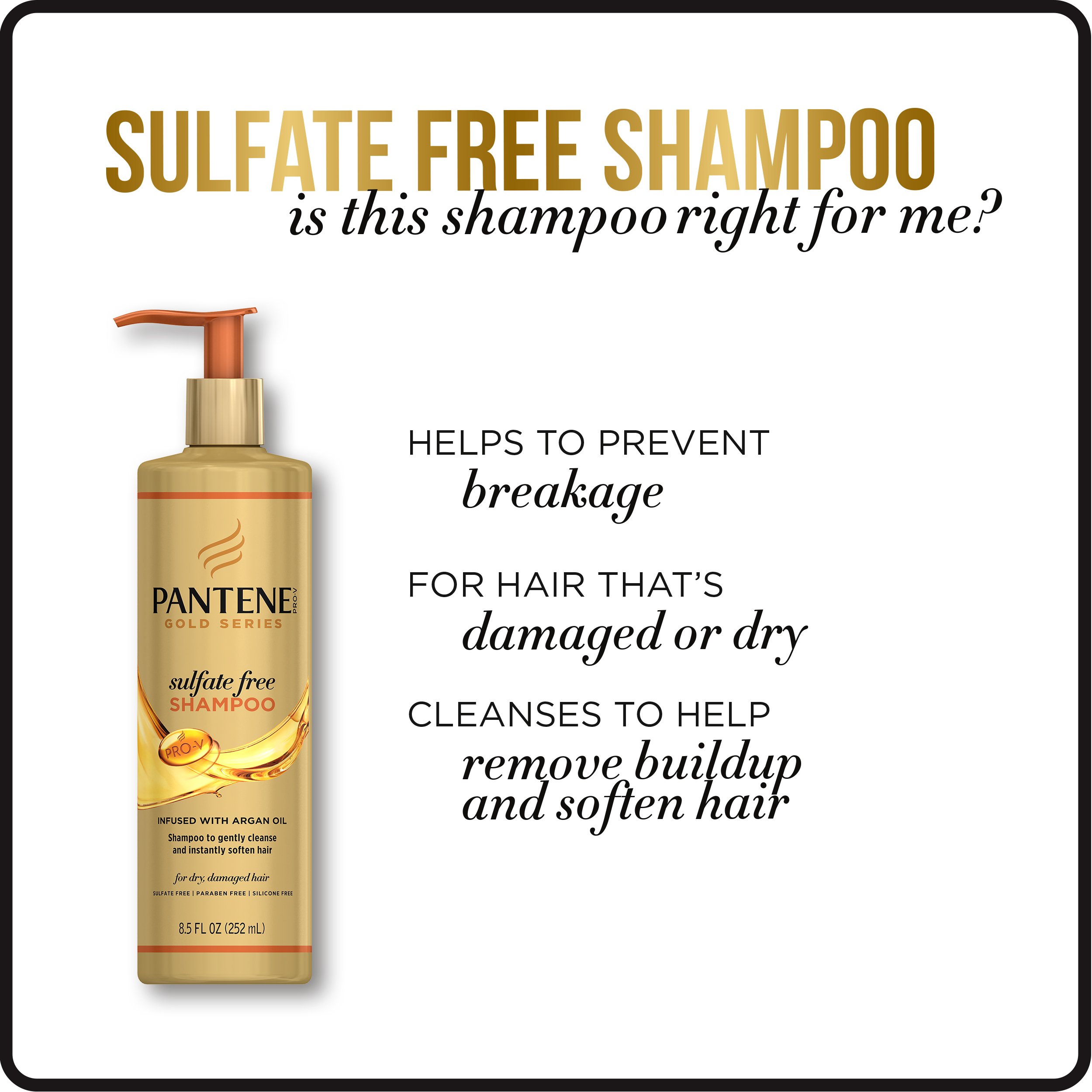 Pantene Gold Series Argan Oil from ProV for Natural and Curly Textured Hair, Sulfate Free Shampoo, 8.5 Fl Oz