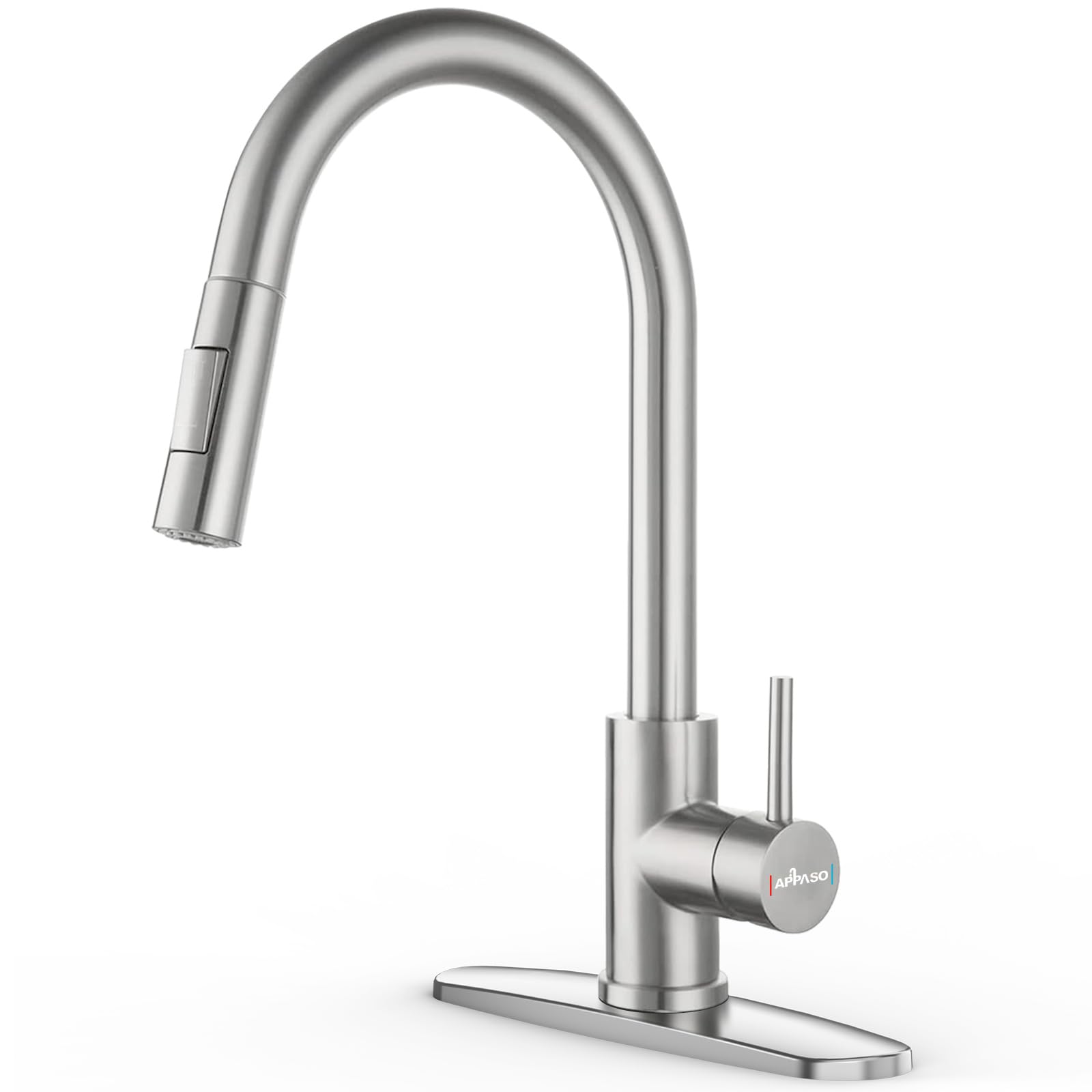 APPASO Kitchen Faucet with Pull Down Sprayer Brushed Nickel, Single-Handle High Arc Swan-Neck Modern Kitchen Sink Faucet with Optional Deck Plate Stainless Steel, Silver
