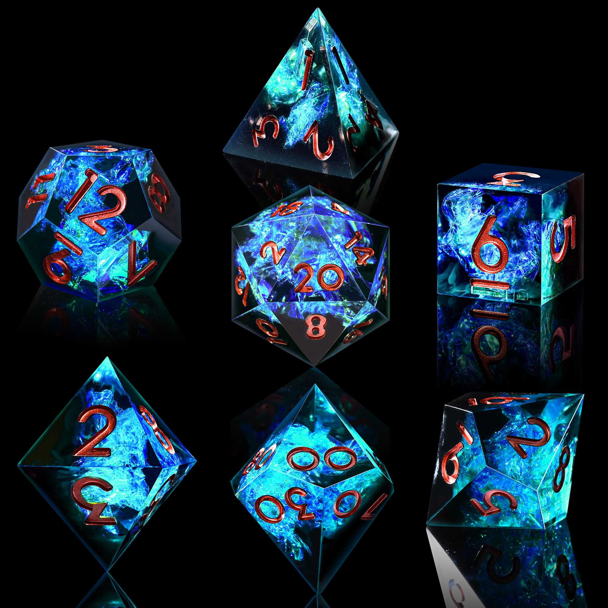 AUSTOR 7-Die DND Dice Set, Handmade Sharp Edge Polyhedral Dice for Dungeons and Dragons RPG MTG Table Games(Black & Blue)