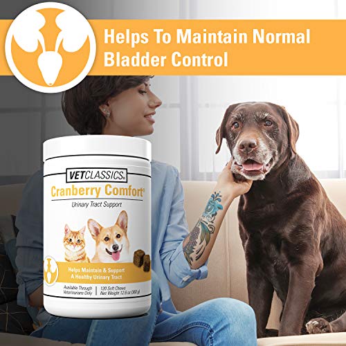 Vet Classics Cranberry Comfort Urinary Tract Pet Supplement for Dogs, Cats β Maintains Dog Bladder Health, Cat Bladder Control β Pet Supplements for Incontinence β 120 Soft Chews