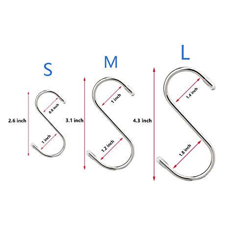 S Shaped Hooks Stainless Steel Metal Rubber Caps Head Hanging Hangers Hooks for Home Kitchen Bathroom Bedroom Office, 30 Pack 3 Sizes (S+M+L, Each 10 Pack)