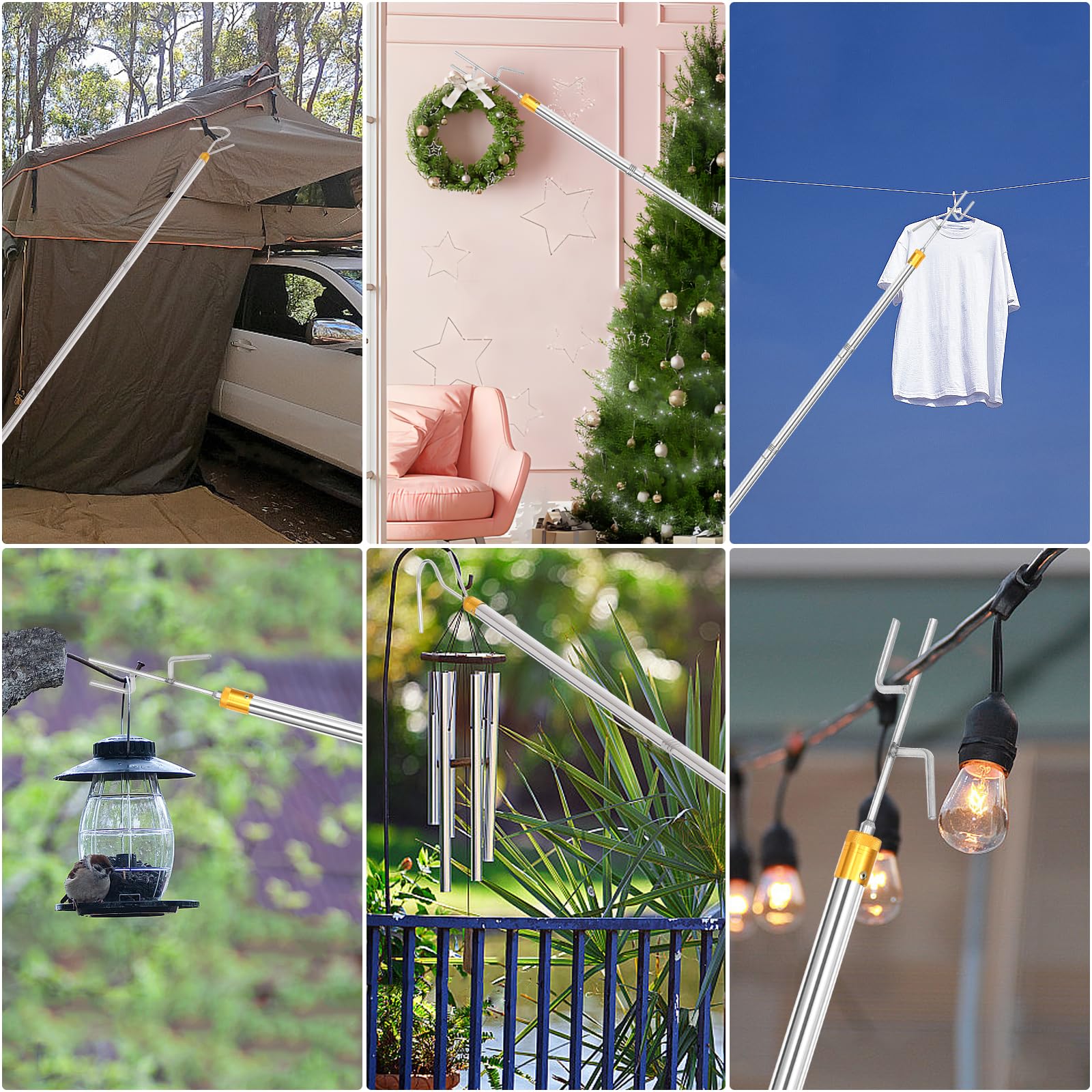 Clothes Hook Pole,29-71 Inch Adjustable Extension with Hook Bar.Suitable for Clothes Hanger Rod, Christmas light, Hanging Flowerpot Plants and Bird Feeder, Tent Shelter Camper Canopy (with two hooks)