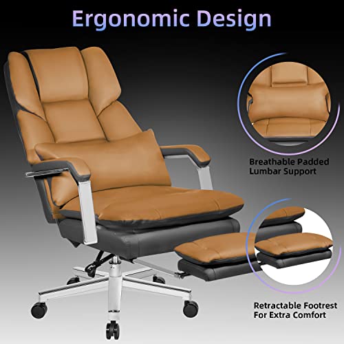 SeekFancy Reclining Office Chair with Footrest O203, Big and Tall Office Chair 500lbs Wide Seat with 170° Backrest, High Back Large Executive Office Chair Lumbar Support,Brown Leather Managerial Chair