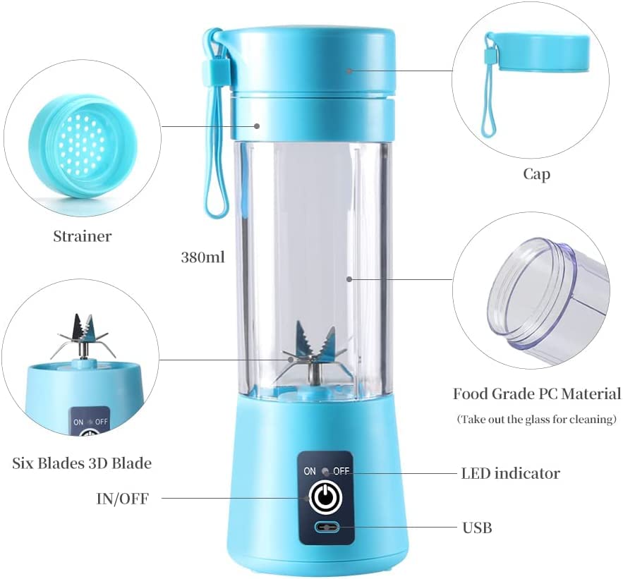 Portable Blender Mixer,Personal Juicer,Smoothies and Shakes Blender,HandCup Fruit Machine Blender 380 ML (Blue, Pink, Purple & Pink Color available) (Blue)
