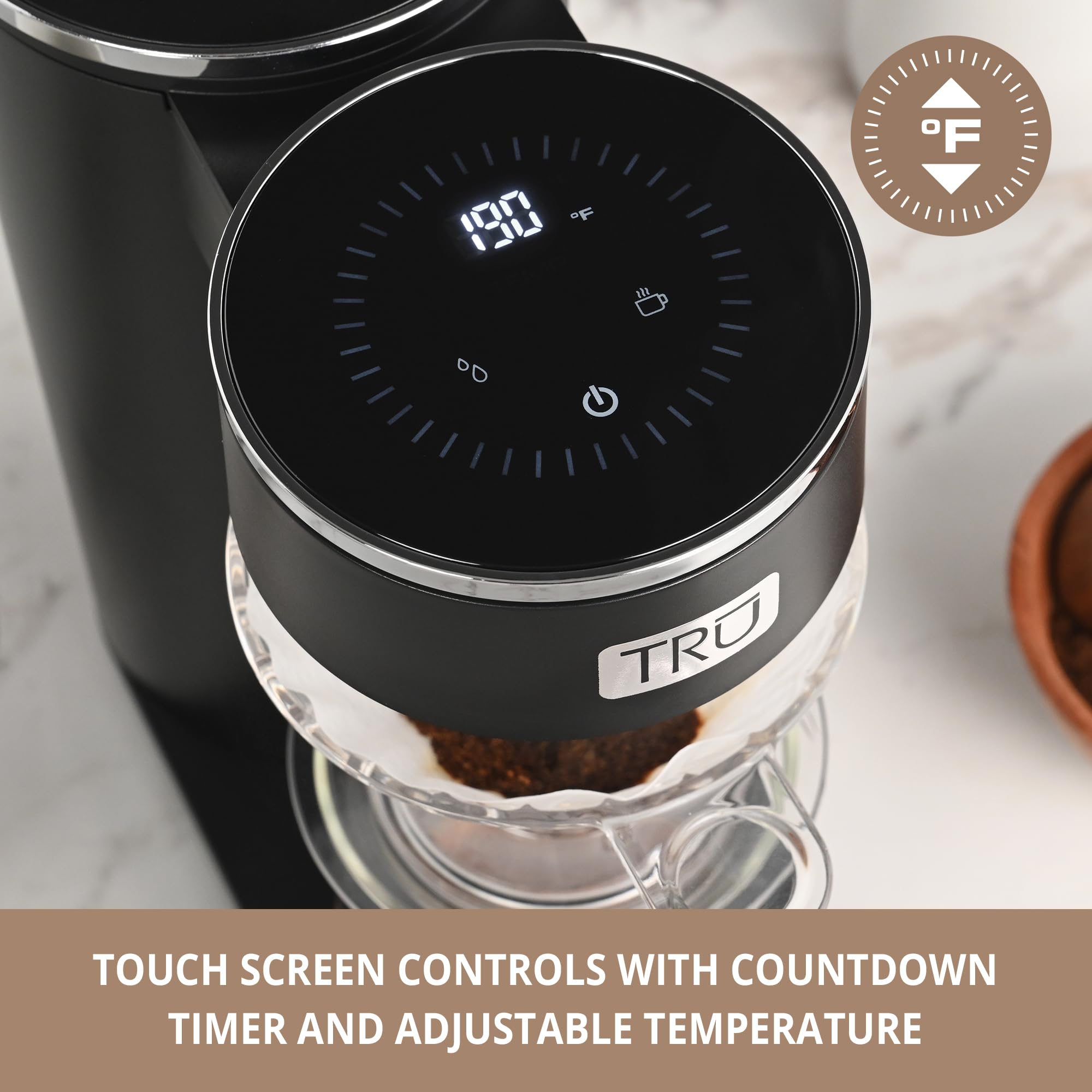 TRU Automatic Pour Over Coffee Maker with Digital Controls - Auto Coffee Maker with Plastic Cone Dripper - Coffee Brewer for Household Use