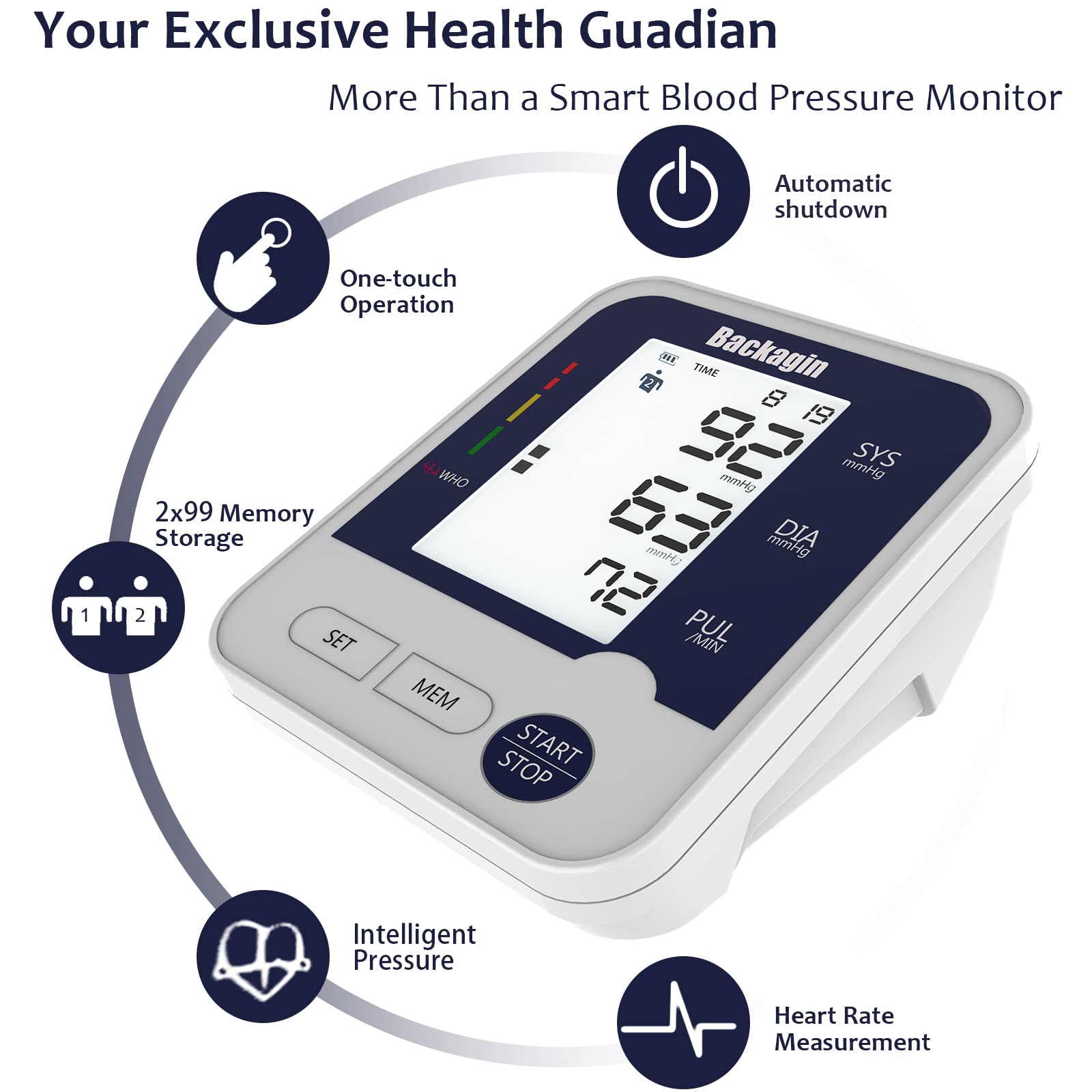 Backagin Home Blood Pressure Machine Upper Arm, Portable Digital High Blood Pressure Monitor with Large LED Screen Backlit Display, BP Cuff Automatic, with Extended Large Cuff Arm, 2x99 Memories